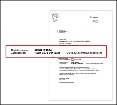 Registernummer und Zugangscode finden – ZHcorporateTax